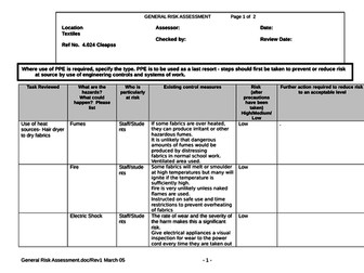 Risk Assessment Textiles Room | Teaching Resources