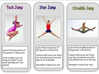 Gymnastics PE Visual aid, Displays and coaching cards. Basic jumps ...
