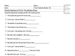 Family Members Fill In The Blanks Exam | Teaching Resources