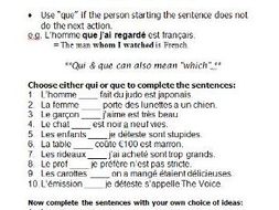 French worksheets on qui and que differentiated | Teaching Resources