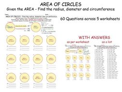 AREA OF CIRCLES - Given the AREA , Find the radius, diameter and ...