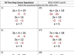 Maths KS3/ GCSE - 50 Two Step Linear Equations Questions and Worked ...
