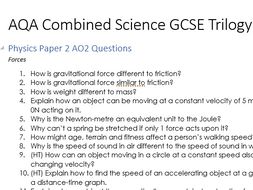 AQA GCSE Combined Science: Trilogy AO2 Questions Complete Set | Teaching Resources