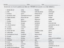 Beach Things and Activities Alphabetical Order II Spanish Worksheet ...