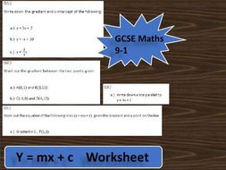 GCSE Maths 9-1 'y = mx + c' Worksheet | Teaching Resources