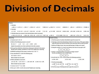 Addition, Subtraction, Multiplication and Division of Decimals Problem ...