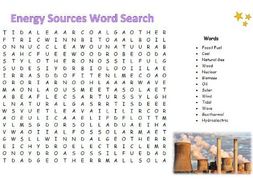 Energy Sources Word Search | Teaching Resources