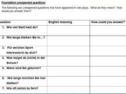 Edexcel German role play questions practise worksheet | Teaching Resources