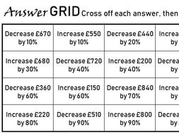 Increasing & Decreasing by a Percentage - Non-Calculator - Answer Grid ...