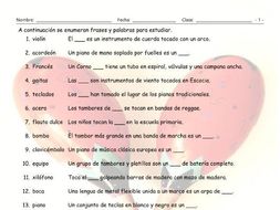 Musical Instruments Spanish Study Sheet | Teaching Resources