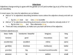 French GCSE Notes: Adjectives | Teaching Resources
