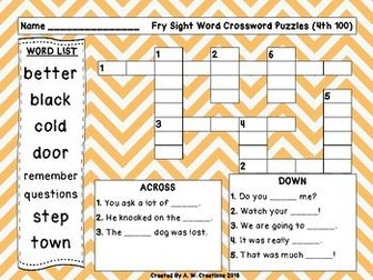 1st 100 to 10th 100 Fry Sight Words Crossword Puzzles | Teaching Resources