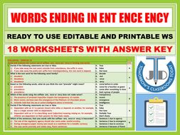 WORDS ENDING IN -ENT -ENCE -ENCY: WORKSHEETS WITH ANSWER KEY - 18 ...