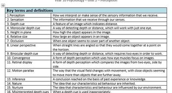 GCSE Psychology Perception Unit - Knowledge Organiser/ Key Terms list ...
