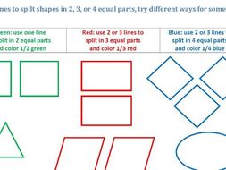 Draw Lines to split shapes in fractions | Teaching Resources