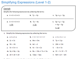 Simplifying Expressions (Level 1-2) | Teaching Resources