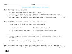 Intermediate HTML Coding Worksheet | Teaching Resources