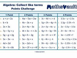 Algebra Collecting Like Terms Points Challenge worksheet | Teaching ...