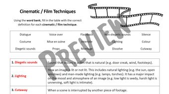Cinematic / Film Techniques Worksheet | Teaching Resources