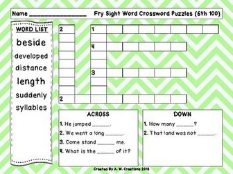 1st 100 to 10th 100 Fry Sight Words Crossword Puzzles | Teaching Resources