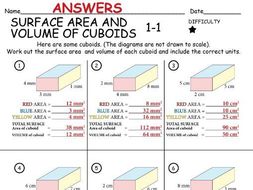 SURFACE AREA and VOLUME of a CUBOID Set 1 (90 questions over 10 ...