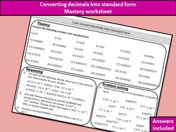 Converting decimals into standard form - mastery worksheet | Teaching ...