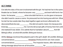 An Inspector Calls cloze (fill in the gaps) worksheet | Teaching Resources