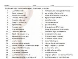 Body Parts Sentence Match Spanish Worksheet | Teaching Resources