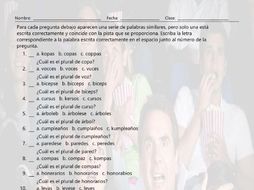 Singular versus Plural Nouns Spelling Challenge Spanish Worksheet ...