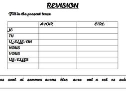Revision of Avoir Etre Present Tense Fill In Table | Teaching Resources