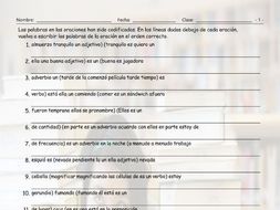 Parts of Speech Spanish Scrambled Sentences Worksheet | Teaching Resources