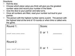Dice Place Value Game | Teaching Resources