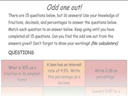 Fraction Decimal Percentage Odd One Out Worksheet | Teaching Resources