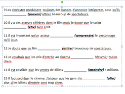 Le cinéma : sentences using the subjunctive on the topic of cinema. A ...