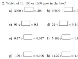 Dividing whole numbers and decimals by 10, 100 and 1000 worksheet (with ...